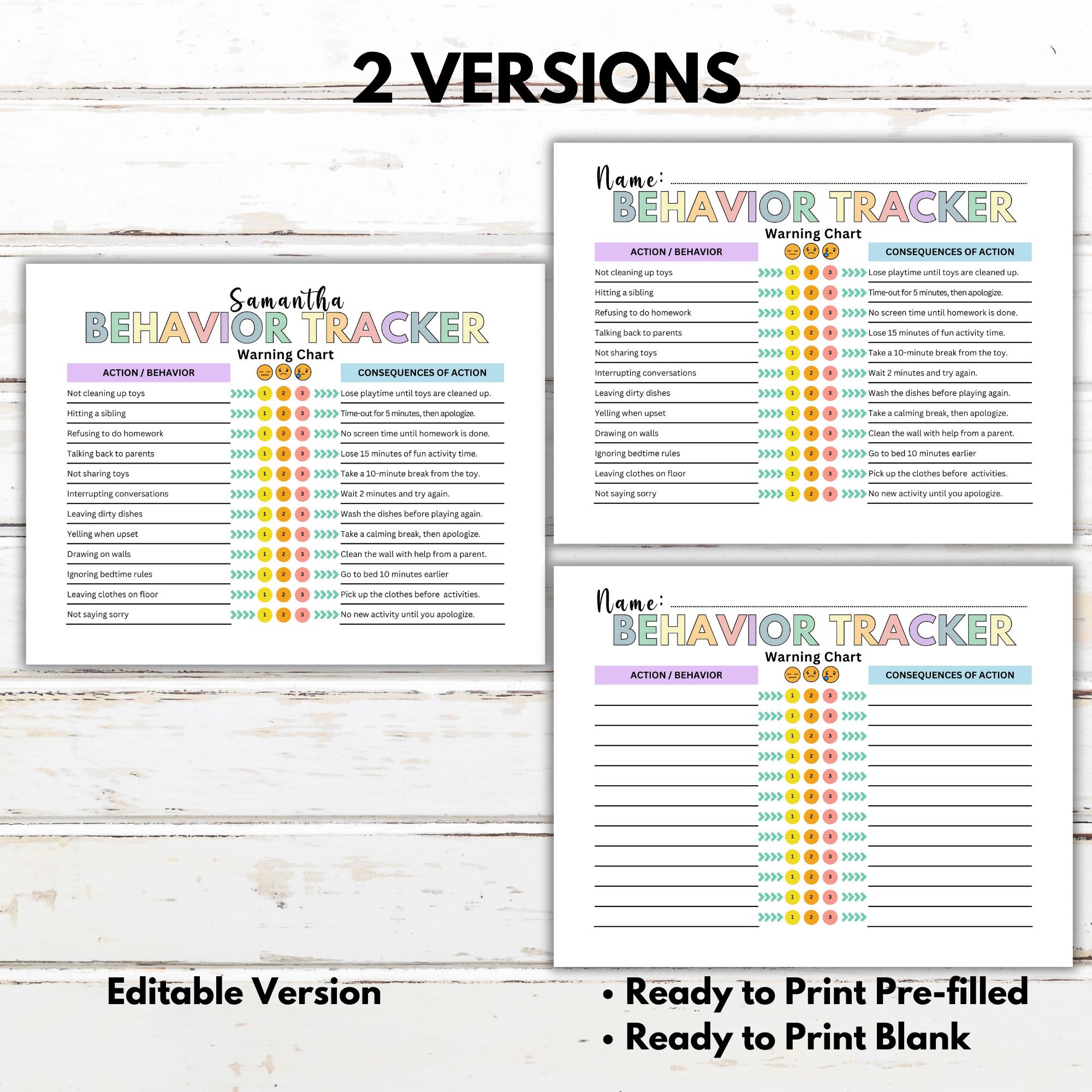 Editable Kids Behavior Chart, Action Consequence Tracker (printable) - Etsy