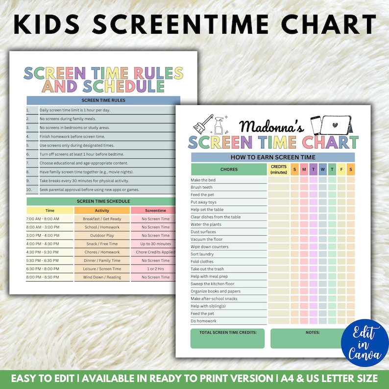Editable Kids Screentime Chart, Kids Screen Time Tracker, Screentime ...