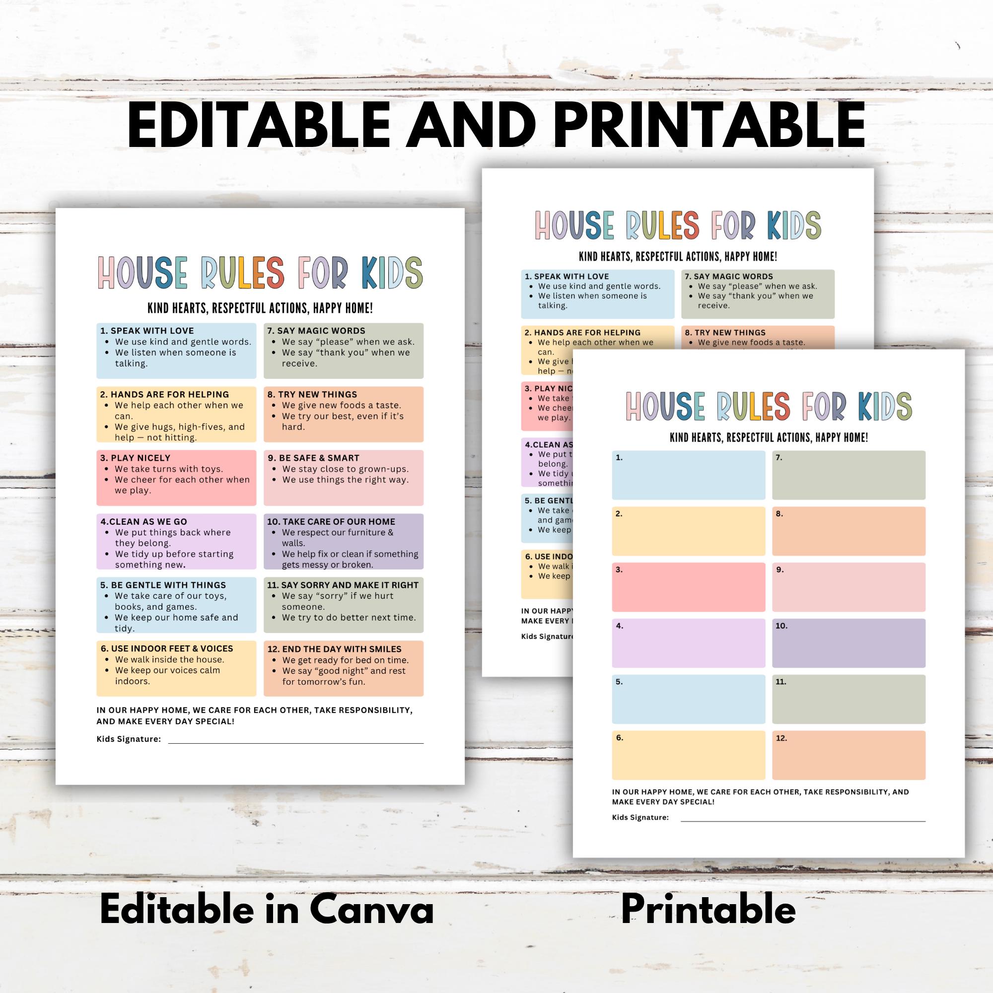 Editable Kids House Rules, Good Behavior Chart, Family House Rules for ...