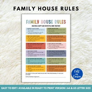 Editable Family House Rules Chart, Household Agreement, Family Values ...