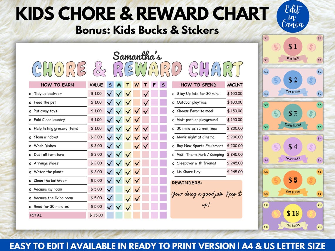 Editable Kids Chore Chart & Reward Bucks: Responsibility System ...