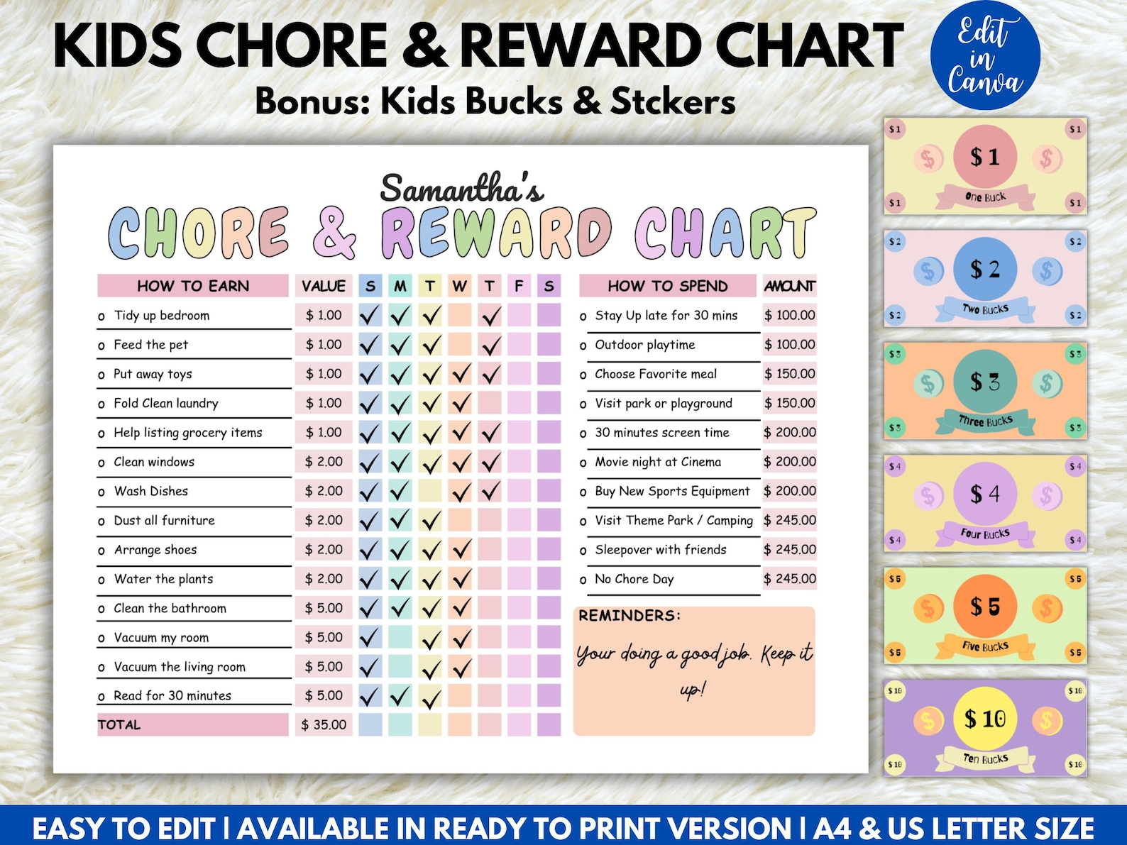 Editable Chore and Reward Chart, Mom Bucks, Reward Bucks for Kids ...