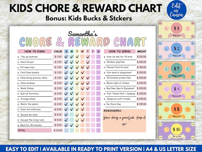 Editable Kids Reward Bucks, Mom Bucks, Kids Chore Chart, Kids Task ...