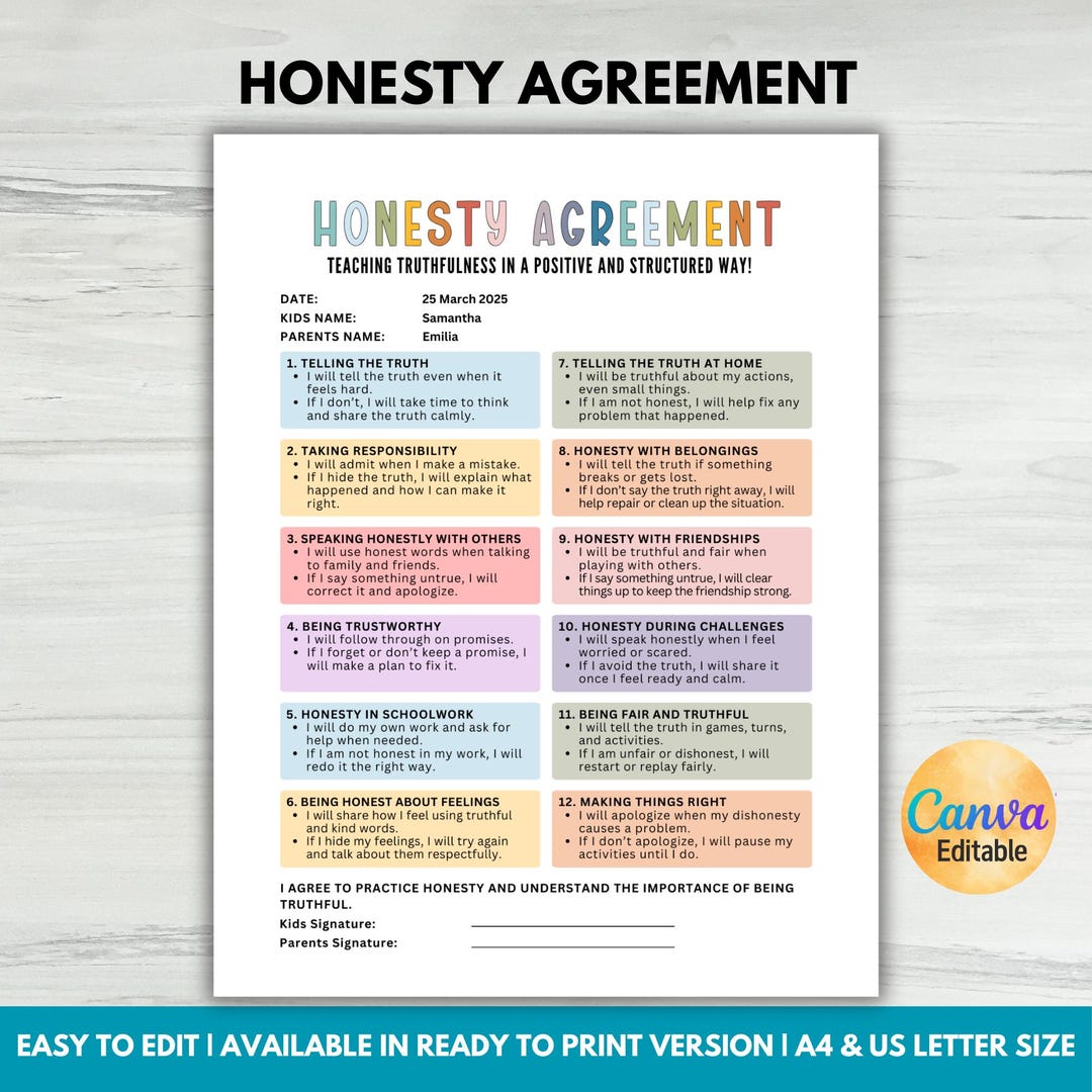 Honesty Agreement for Kids, Behavior Contract, Responsibility and ...