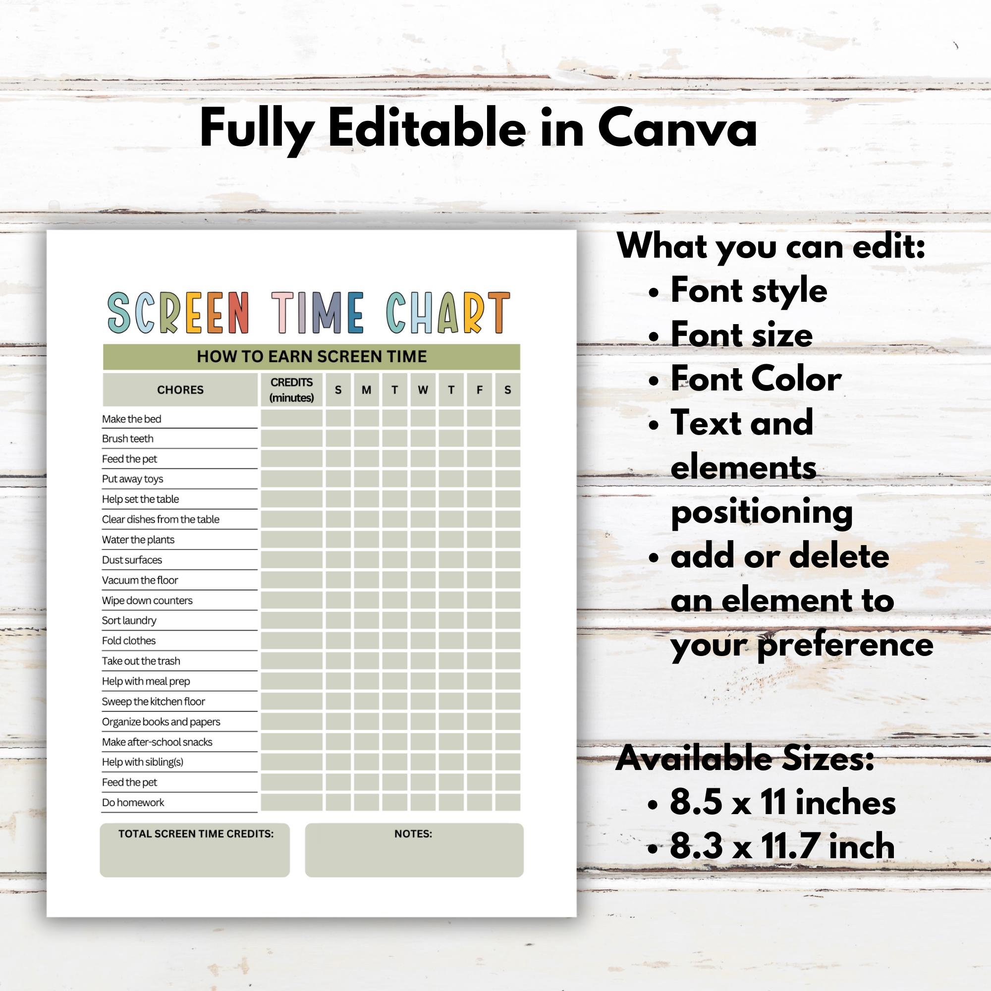 Editable Screentime Chart, Screen Time Tracker, Screen Time Schedule ...