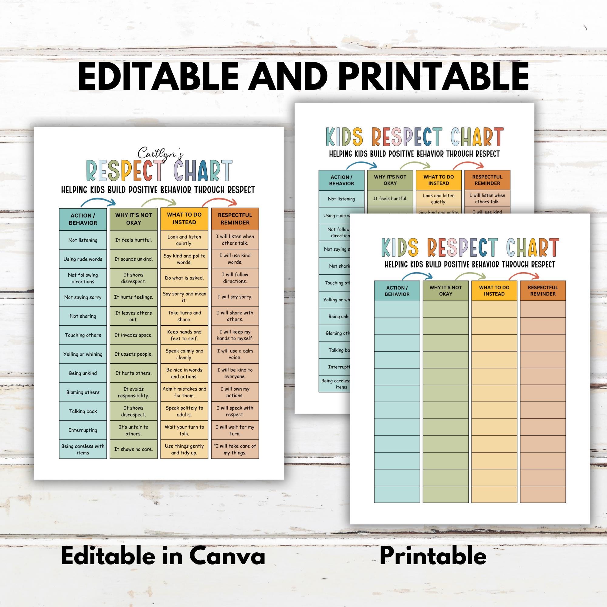Editable Respect Chart for Kids, Positive Behavior Consequence Chart ...