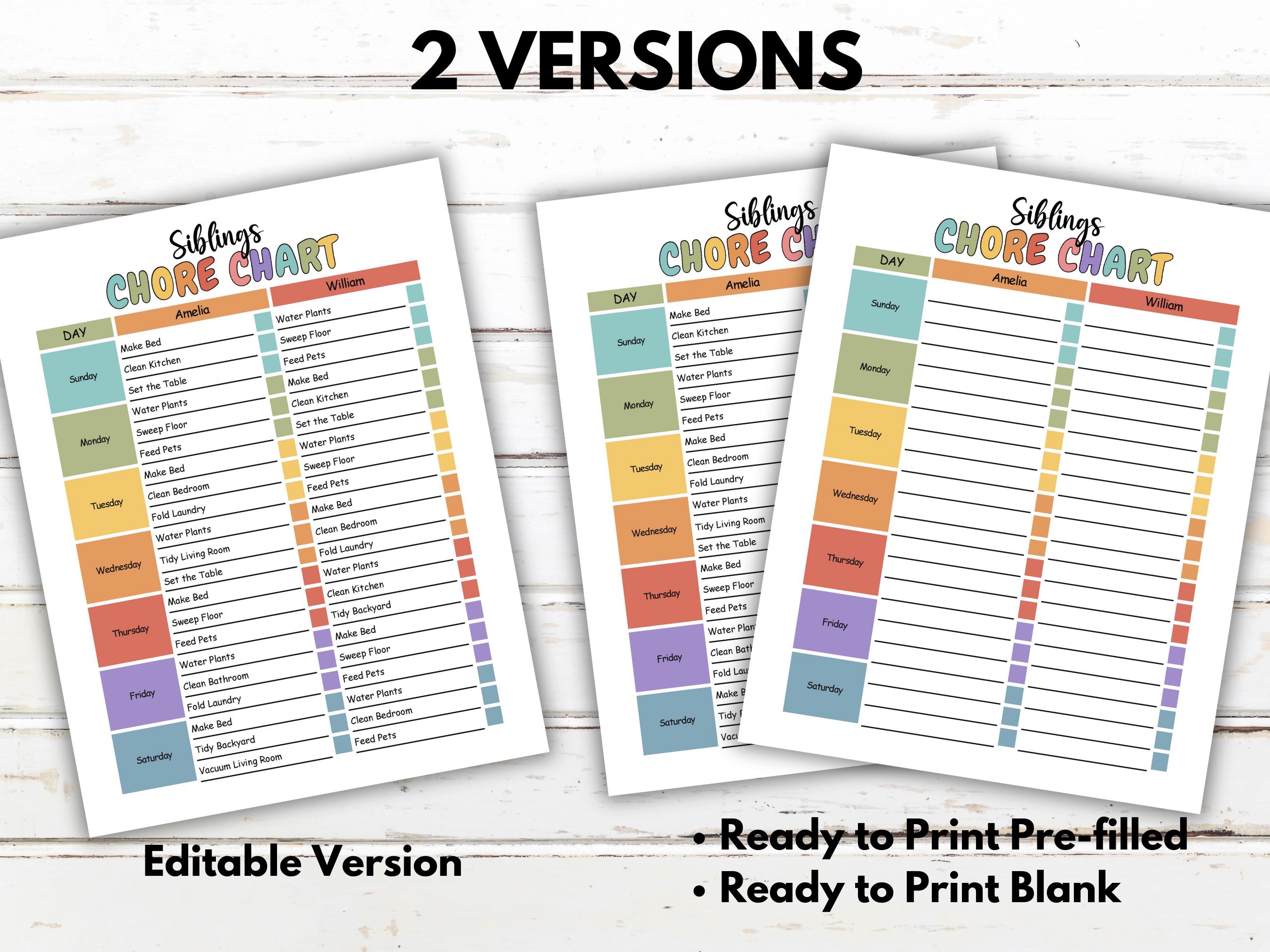 Editable Kids Chore Chart, Multiple Siblings, Printable (canva Template ...