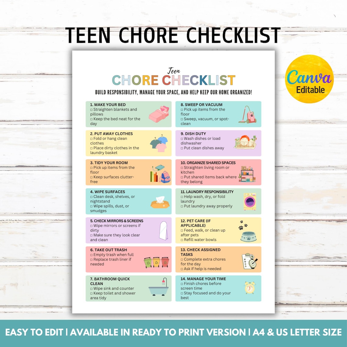 Teen Chore Checklist, Cleaning Checklist for Teens, Teen Daily & Weekly ...