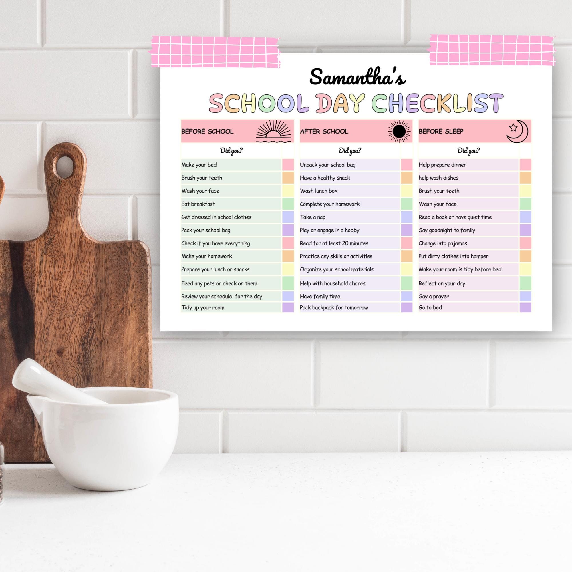 Kids School Day Checklist Chart, School Day Daily Routine Chart, School ...