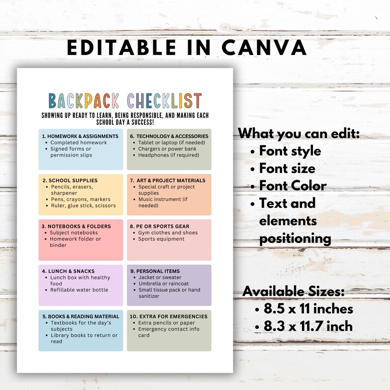 Editable Kids Backpack Checklist, Printable School Bag Packing List ...