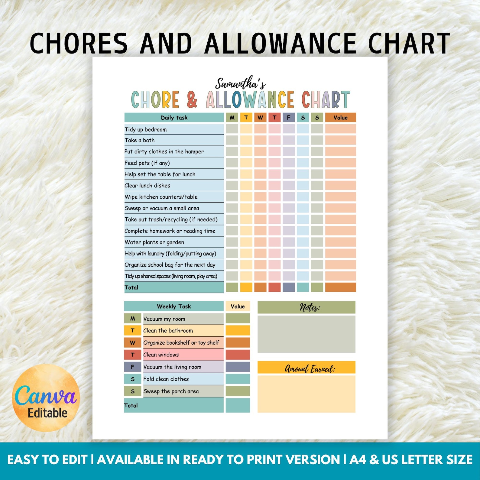 Editable Kids Allowance Chart, Kids Allowance Tracker, Kids Chore ...