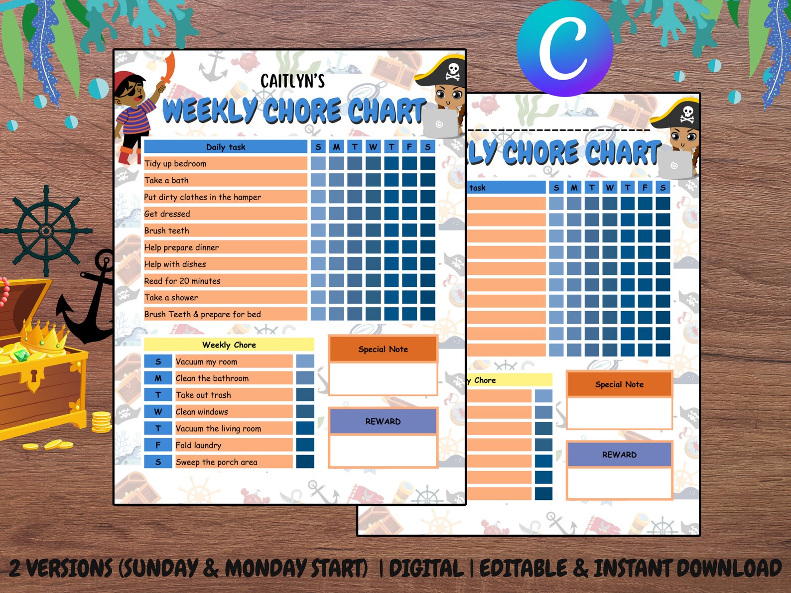 Kids Chorechart Printable Chore Chart Editable Task Chart for Kids Prirate Chore Chart Routine ...