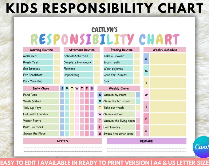 Editable Kids Daily Checklist, Kids Daily Routine Chart, Responsibility ...