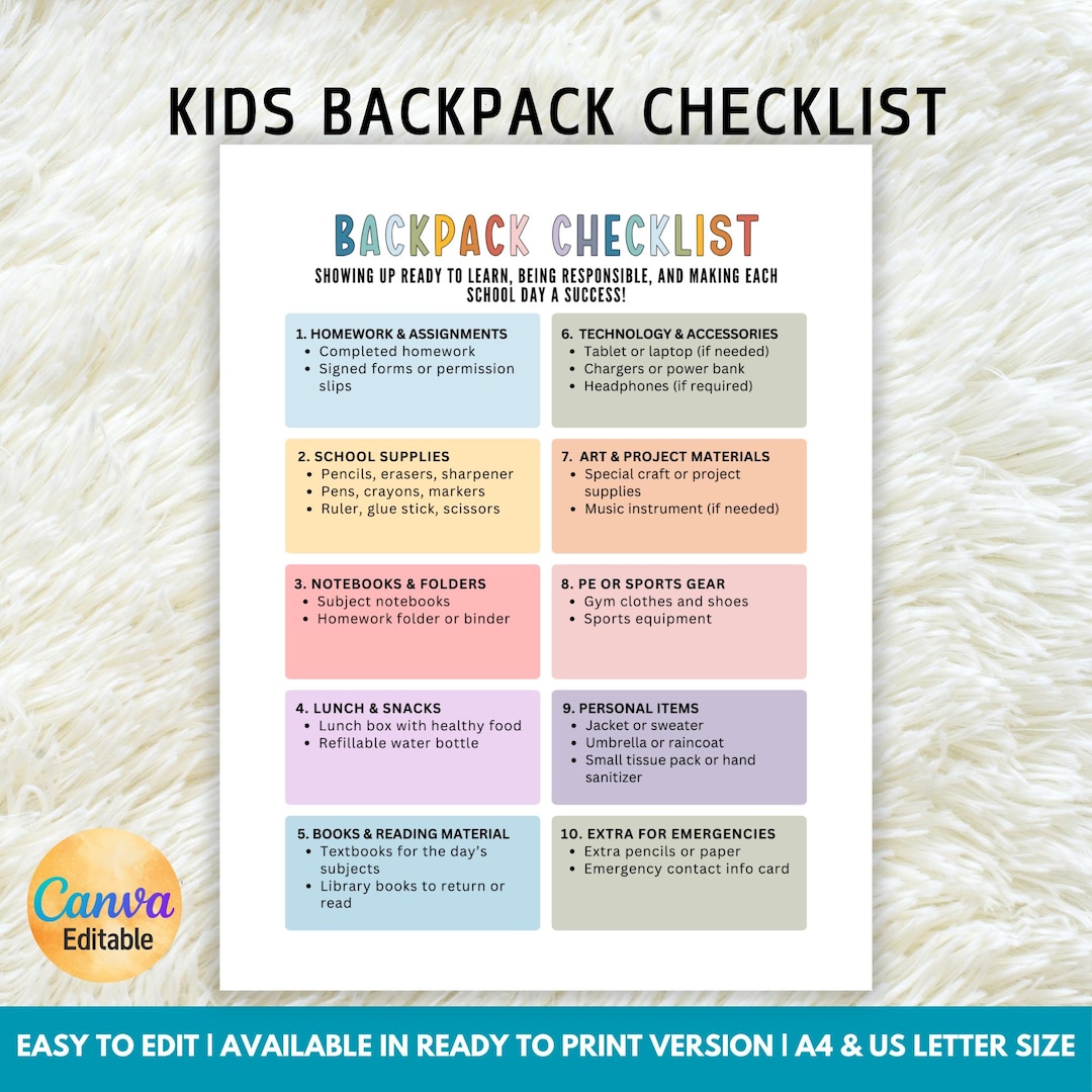 Editable Kids Backpack Checklist, Printable School Bag Packing List ...