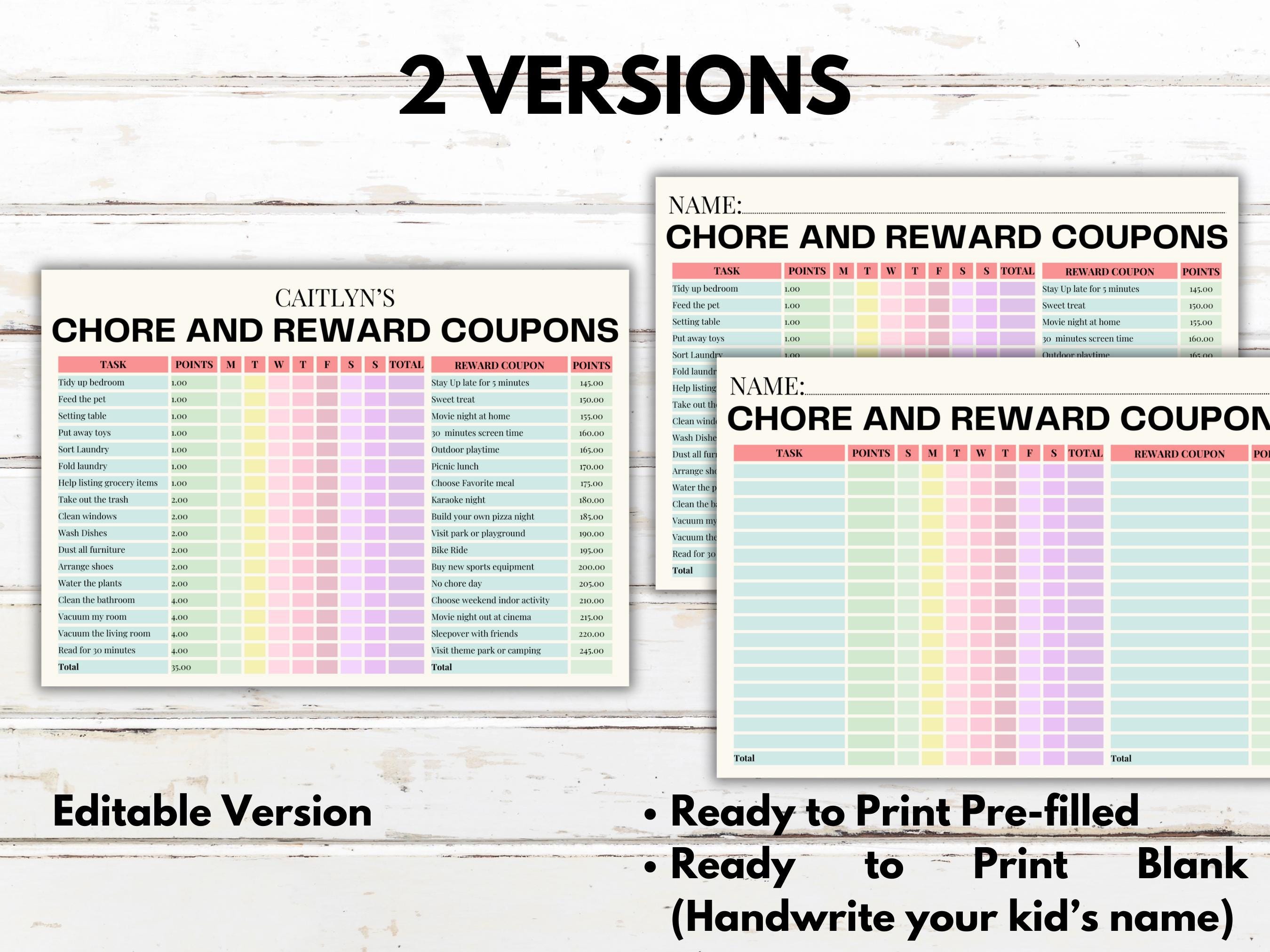 Editable Kids Chore Reward Chart | Kids Reward Coupon, Kids Chore ...