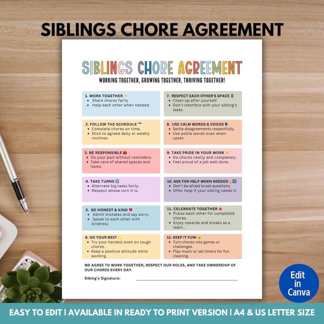 Editable Sibling Chore Chart: Kids Responsibility Template (canva, PDF ...