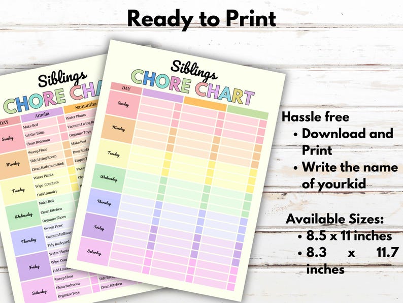 Editable Kids Chore Chart for Multiple Kids, Kids Daily Chore Checklist ...