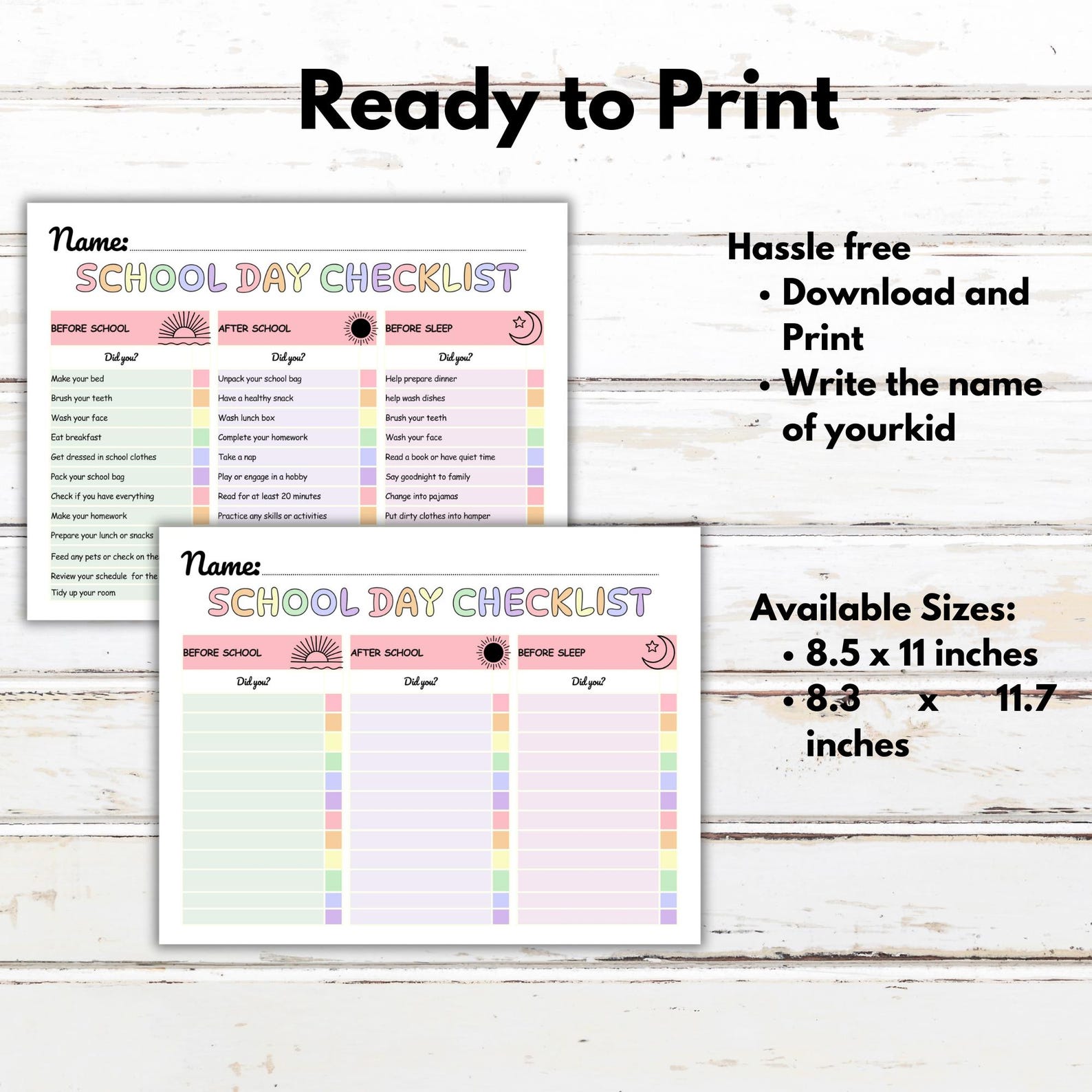 Kids School Day Checklist Chart, School Day Daily Routine Chart, School ...