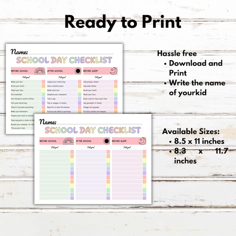 School Day Routine for Kids, Kids School Day Daily Checklist, School ...