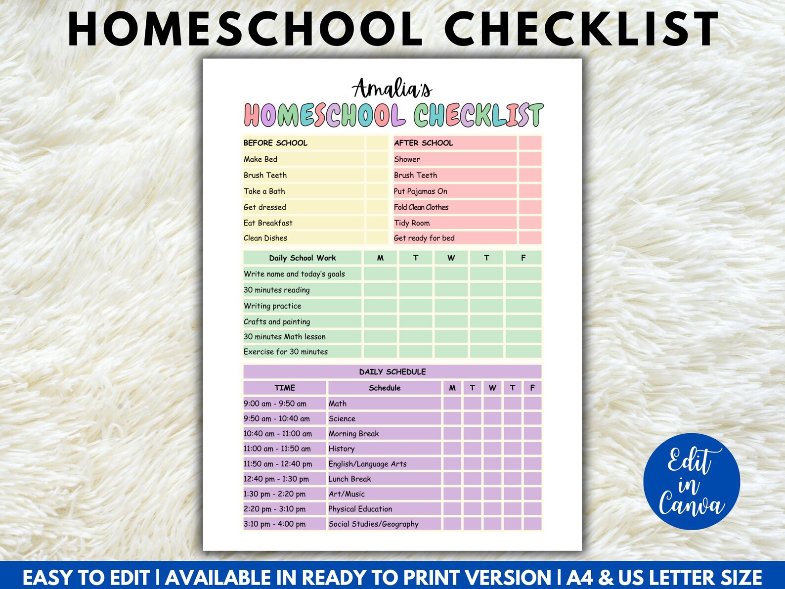 Editable Homeschool Planner, Kids Homeschool Schedule Checklist, Kids ...