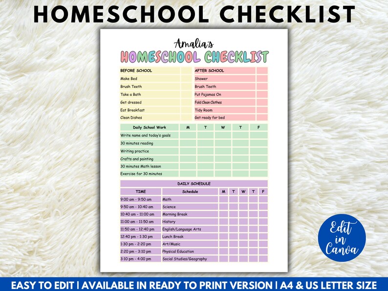 Editable Homeschool Planner, Kids Homeschool Schedule Checklist, Kids ...
