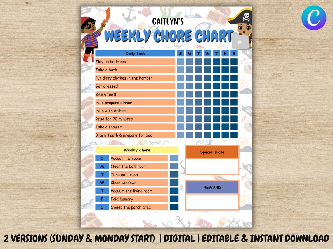 Editable Weekly Chore Chart for Kids, Kids House Chore Daily Routine ...