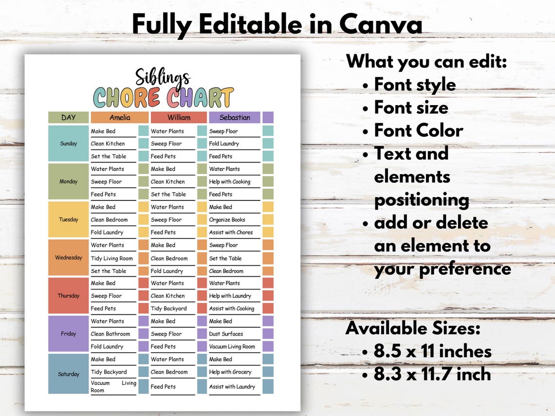 Editable Kids Chore Chart, Multiple Siblings, Printable (canva Template ...