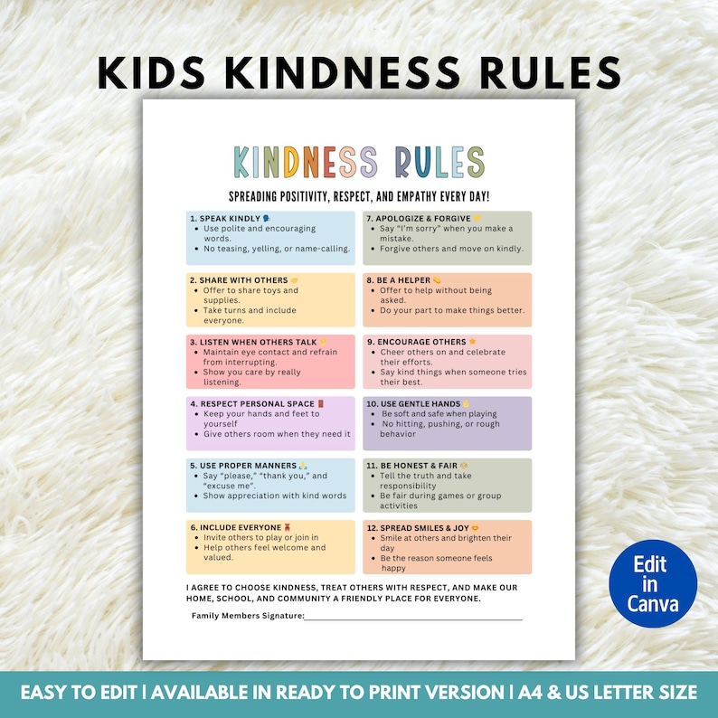 Editable Kindness Rules, Kindness Chart for Kids, Gratitude Poster ...