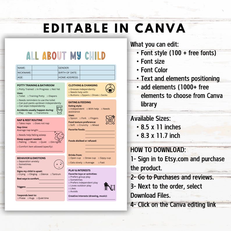 All About Me Template for Daycare, Daycare Form, Daycare Information ...