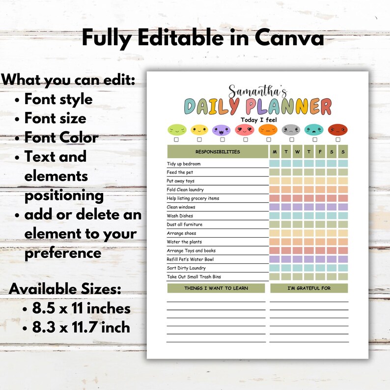 Editable Kids Daily Planner, Kids Responsibility Chart, Kids Chore ...