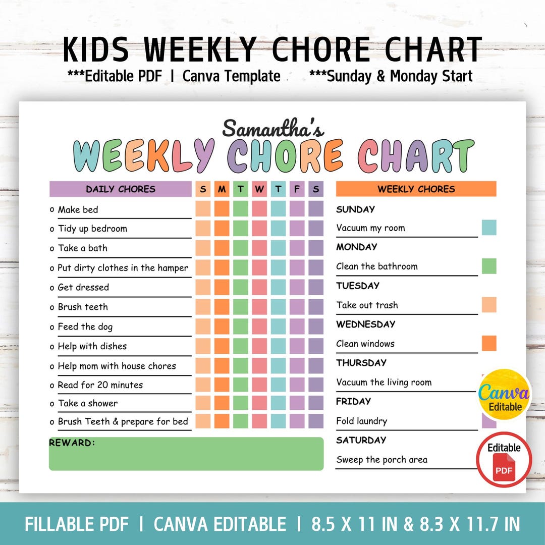 Editable Weekly Chore Chart for Kids, Kids Responsibility Chart, Kids ...