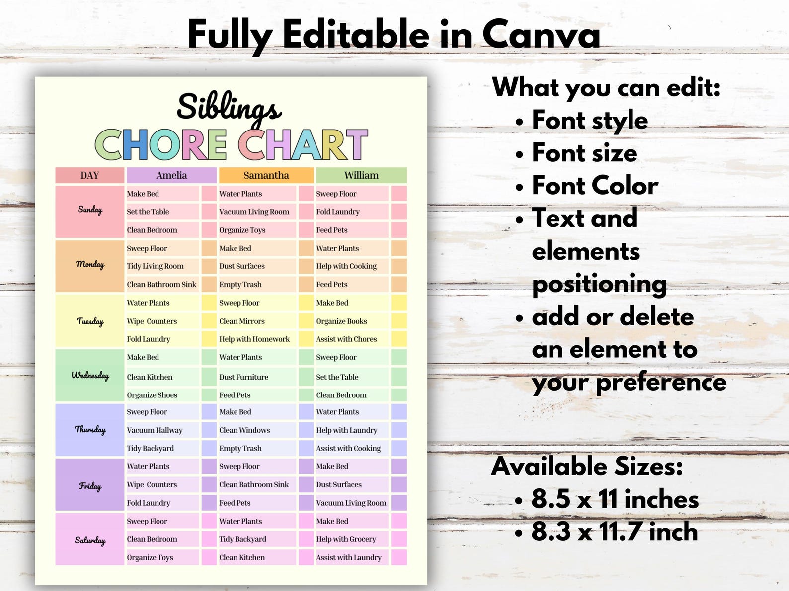 Editable Kids Chore Chart for Multiple Kids, Kids Daily Chore Checklist ...