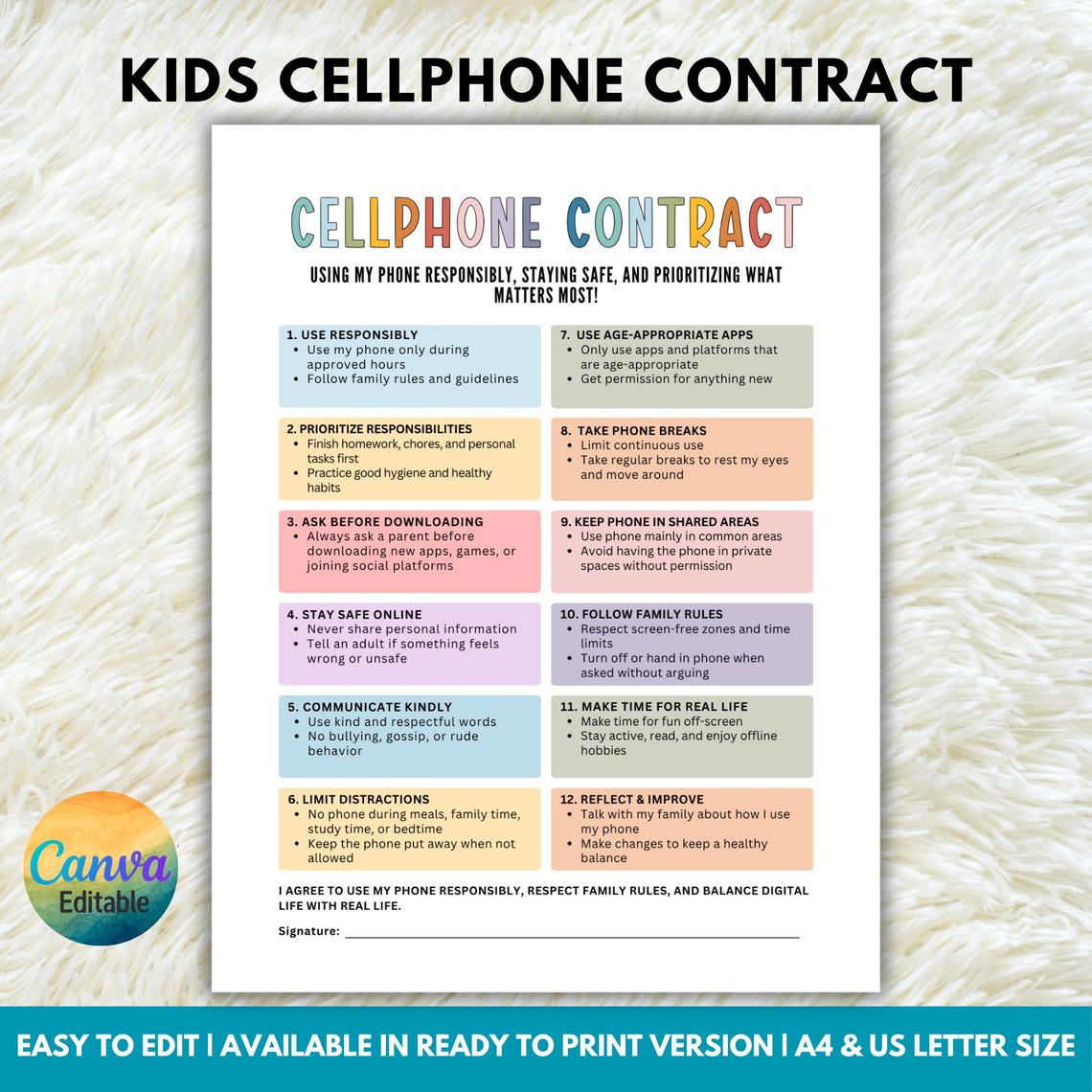 Editable Cellphone Contract for Kids, Kids Phone Agreement, Printable ...