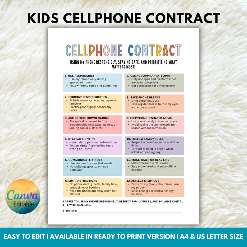 Editable Cellphone Contract for Kids, Kids Phone Agreement, Printable ...