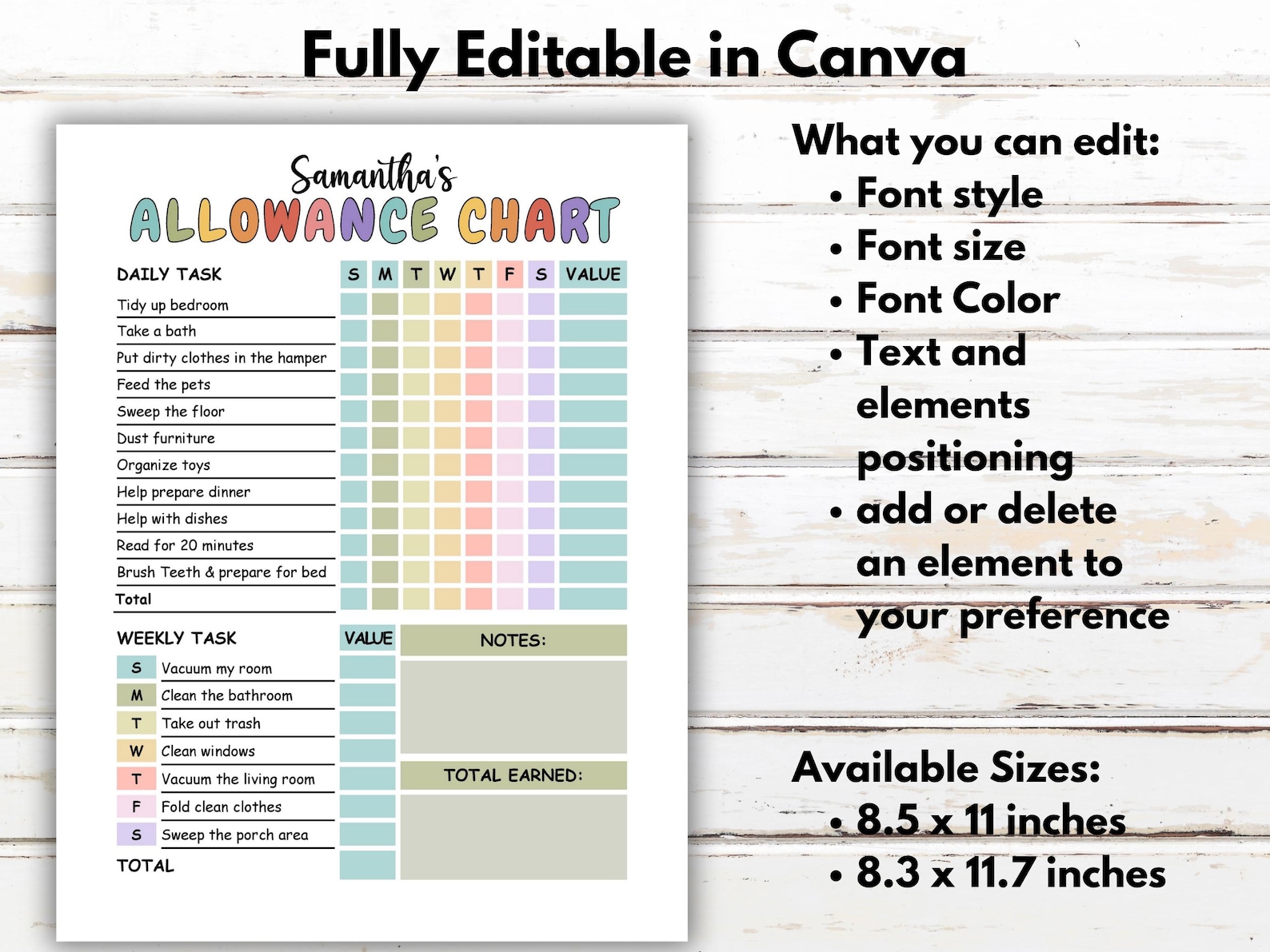 Editable Kids Allowance Chart, Kids Allowance Tracker, Allowance Chore ...