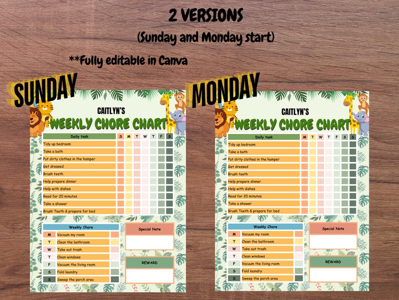 Weekly Chore Chart Kids, Editable Kids Responsibility Chart, Kids ...