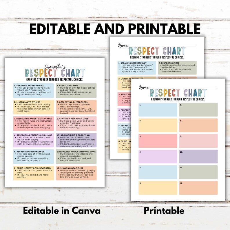 Editable Respect Chart for Kids, Positive Behavior Consequence Chart ...