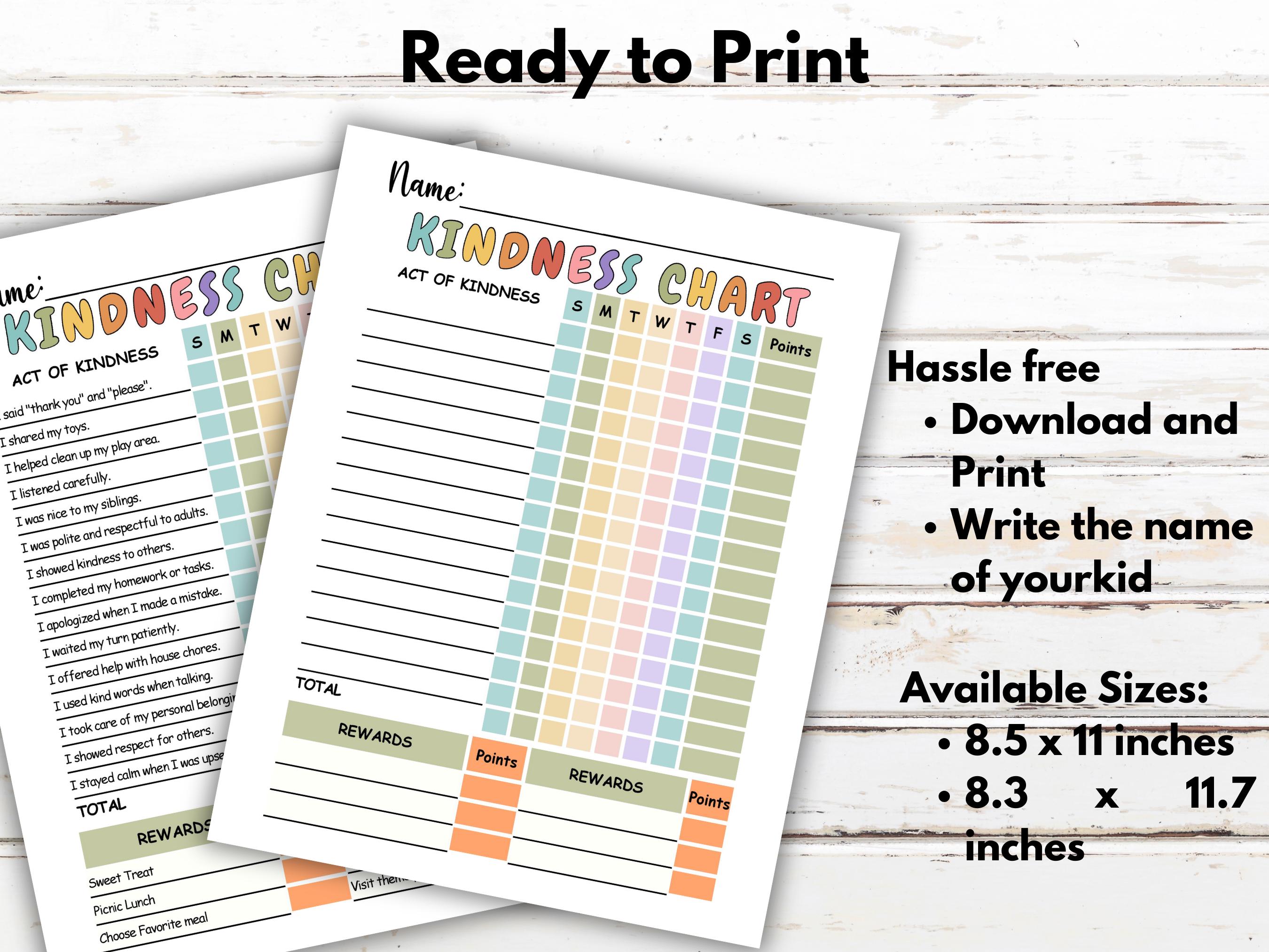 Kindness Chart for Kids, Good Behavior Chart, Kids Behavior Tracker ...