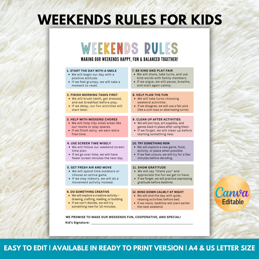 Weekends Rule for Kids, Kids Weekend Routine Chart, Weekend Guide ...