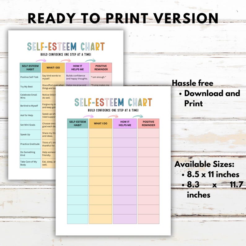 Editable Self-esteem Chart, Wellness Checklist, Confidence Builder ...