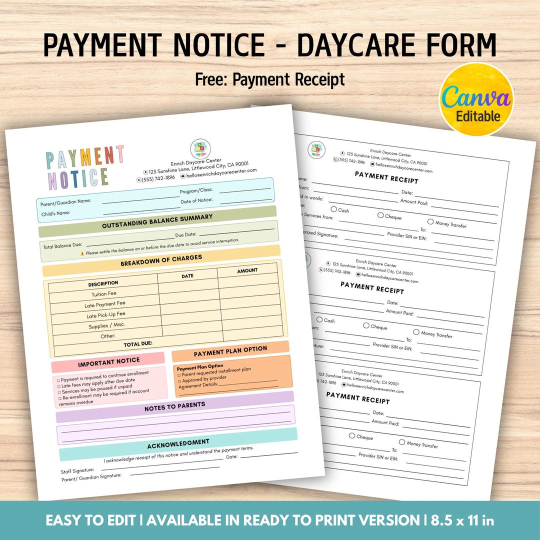 Payment Notice for Daycare, Daycare Balance Due Notice, Payment ...