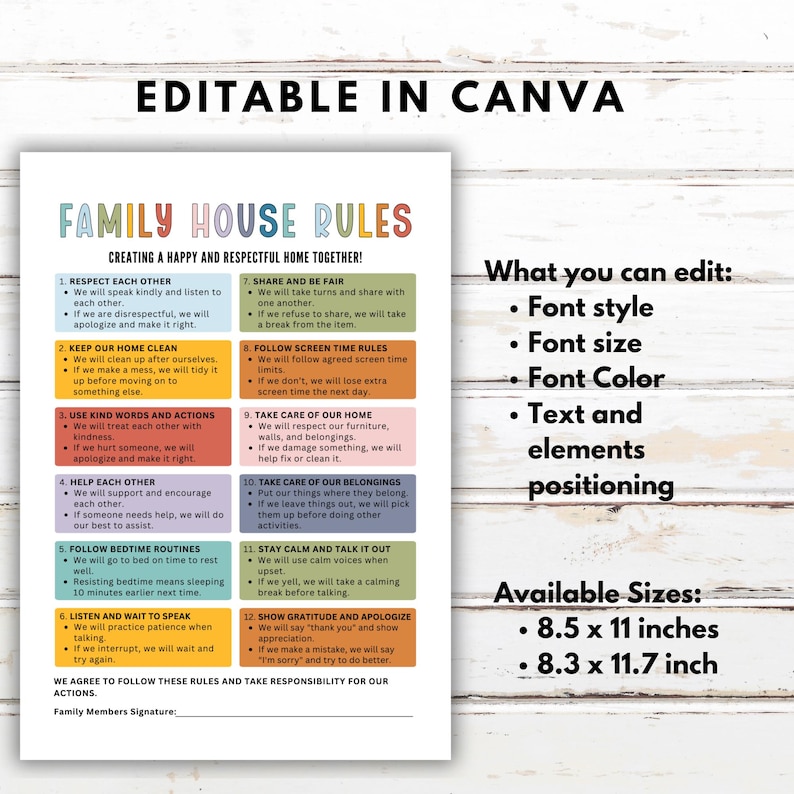 Editable Family House Rules Chart, Household Agreement, Family Values ...