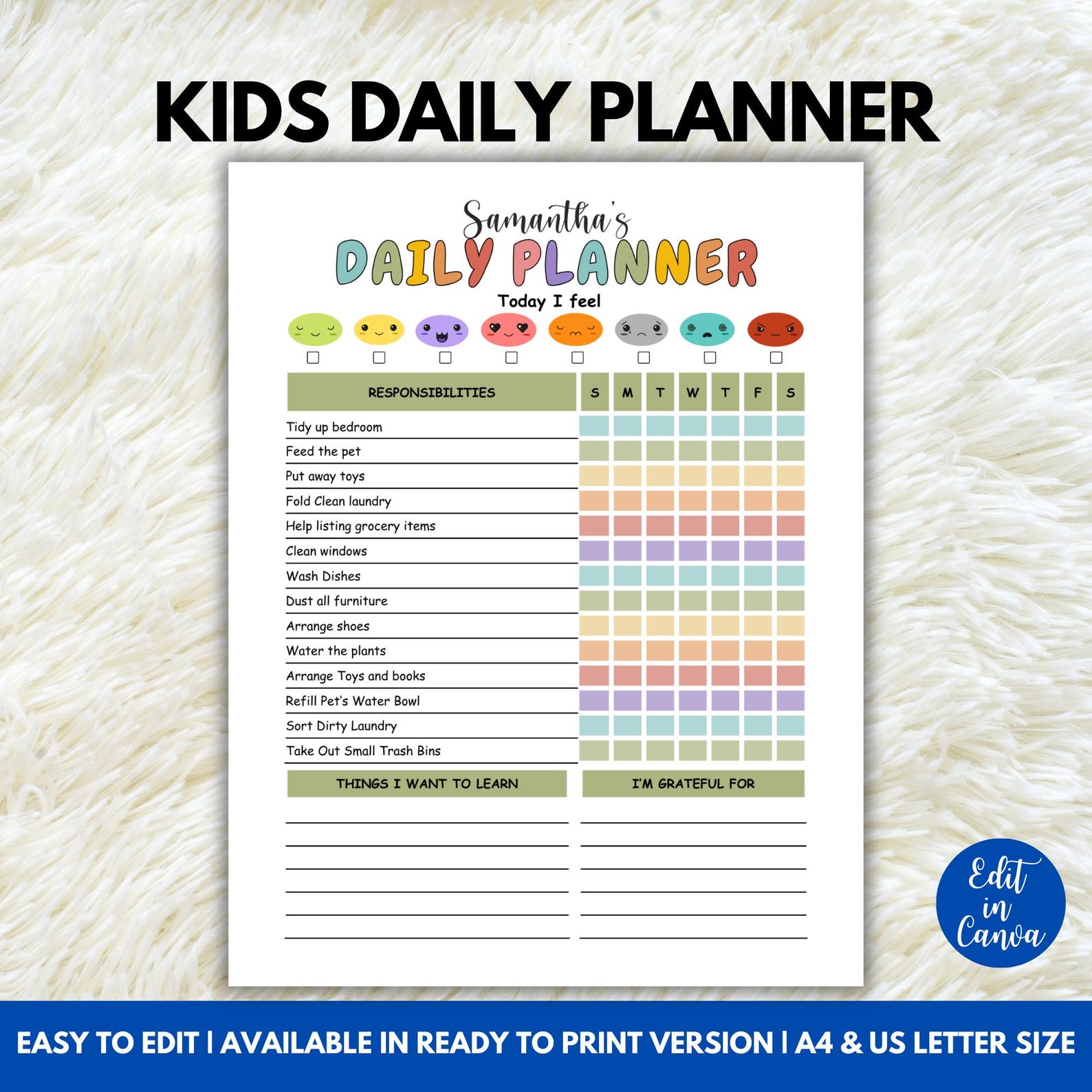 Editable Kids Daily Planner, Kids Responsibility Chart, Kids Chore ...