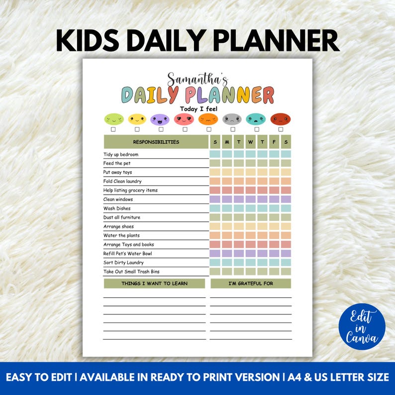 Editable Kids Daily Planner, Kids Responsibility Chart, Kids Chore ...