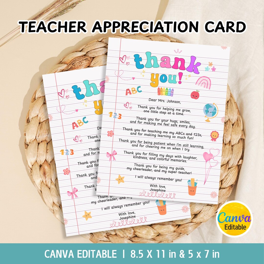Editable Teacher Appreciation Letter, Kids Teacher Appreciation Card ...