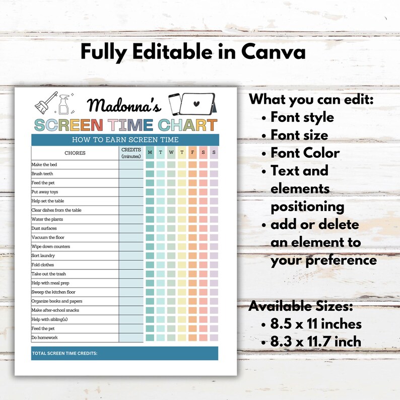 Editable Screen Time Chart, Screen Time Tracker for Kids, Kids Screen ...