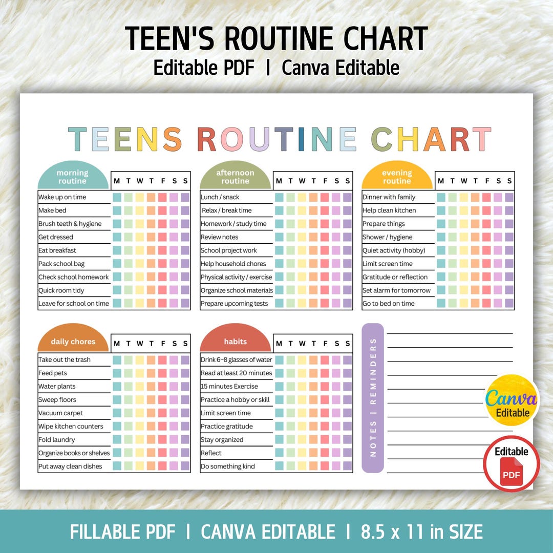Editable Teens Routine Chart, Teens Chore Chart, Daily Checklist for ...