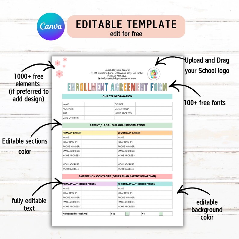 Editable Daycare Enrollment Form, Daycare Agreement, Childcare ...