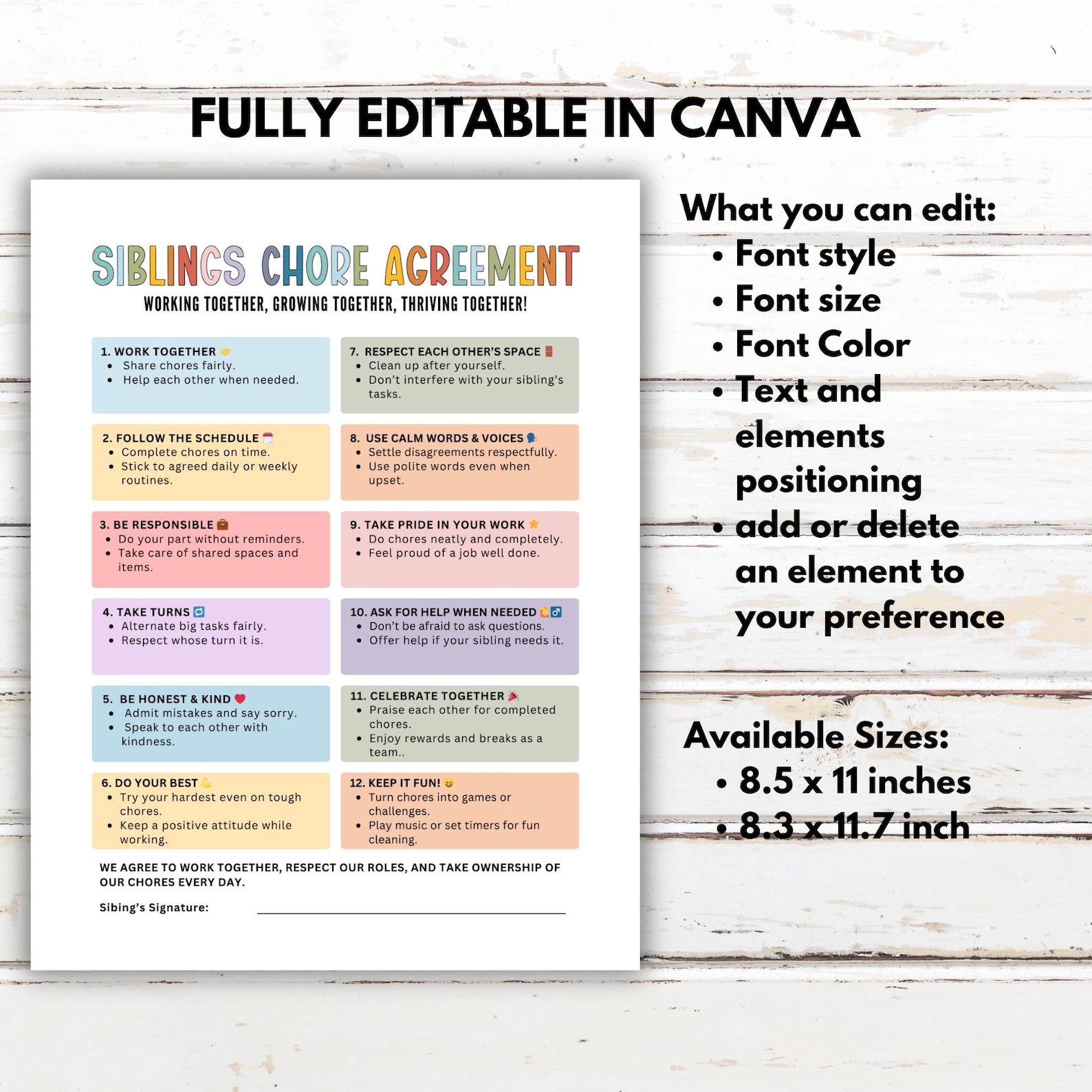Editable Sibling Chore Chart: Kids Responsibility Template (canva, PDF ...