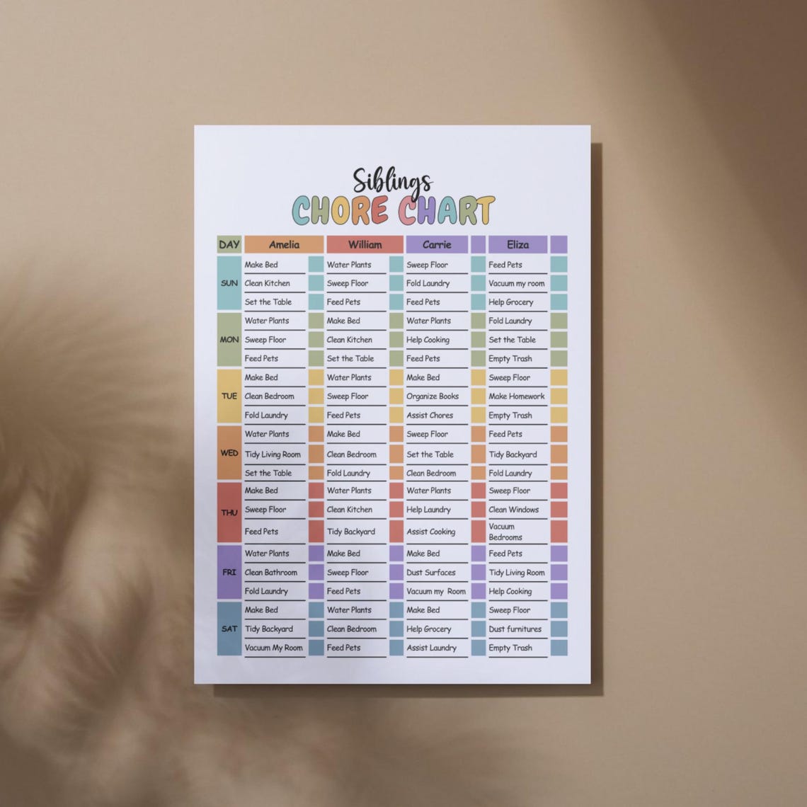 Editable Kids Chore Chart, Multiple Siblings Chart, Siblings ...